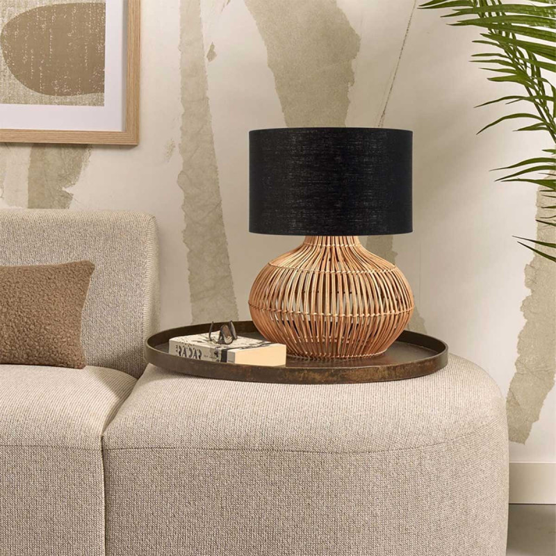 Lampe à poser en rotin et abat-jour lin noir