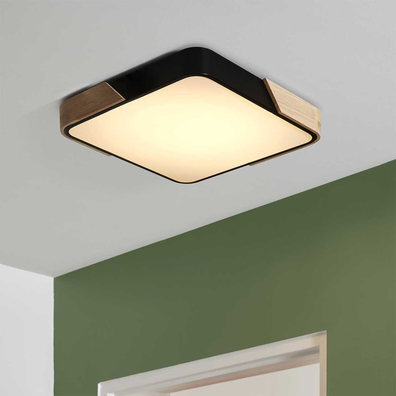 Plafonnier noir et bois carré